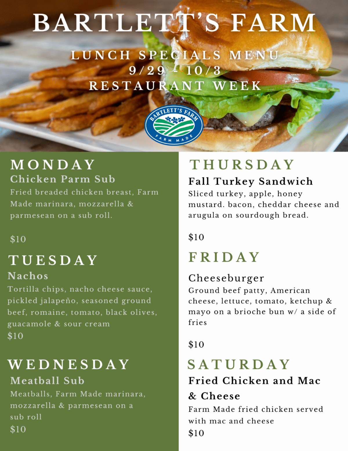 Restaurant Week Lunch Specials - Bartlett's Farm